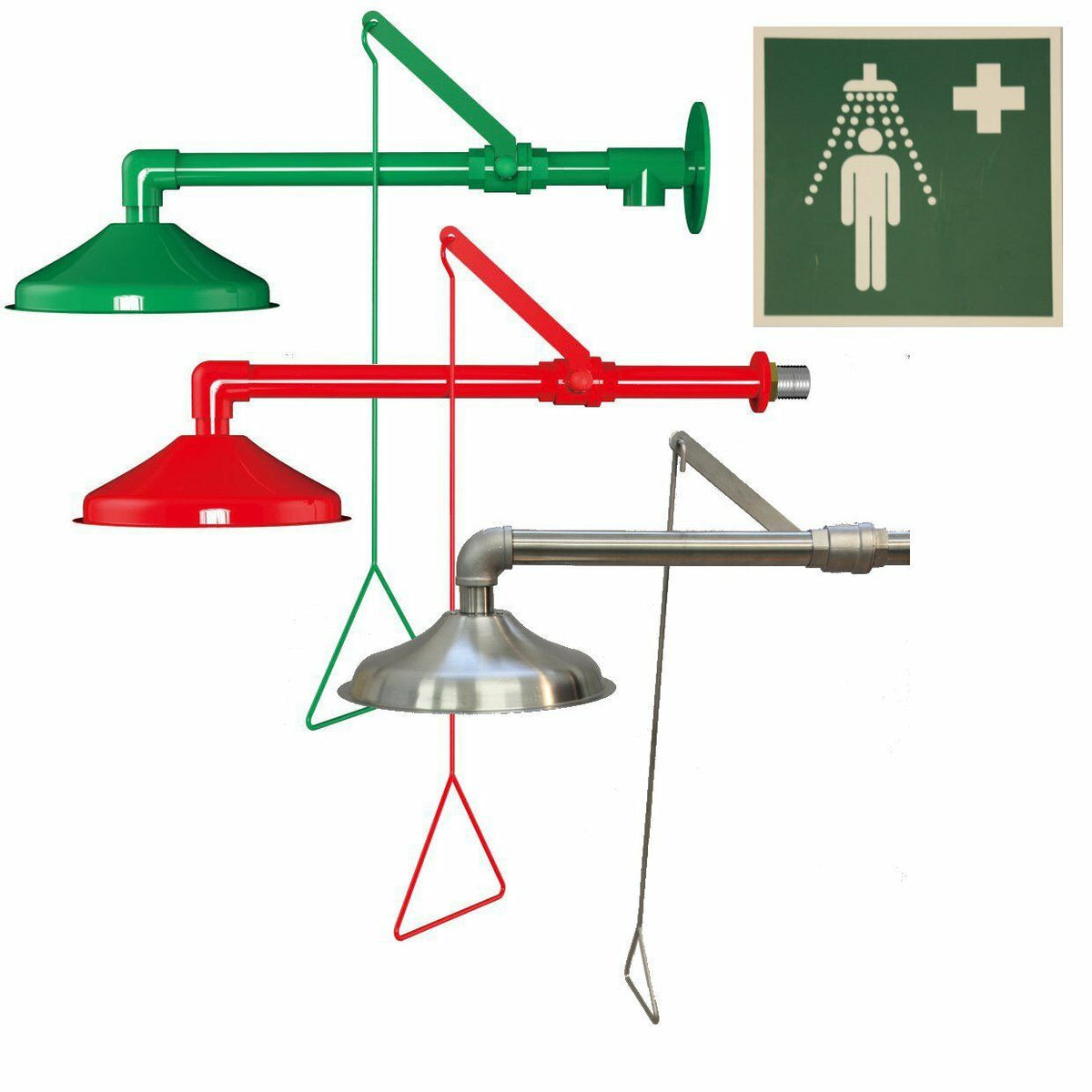 Notdusche für Industrie und Labor mit Rettungsschild (Rot/ Grün/ Edels ...
